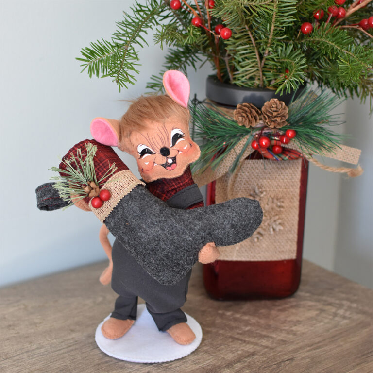 8in Plaid & Pine Stocking Mouse - Annalee Dolls